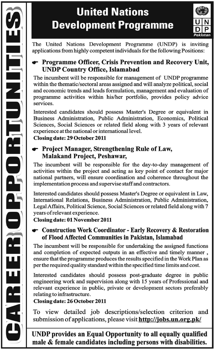 United Nations Development Programme Career Opportunities in Islamabad, Peshawar, The News on 21 ...